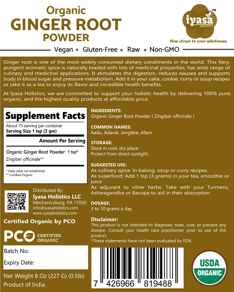 Organic Ginger Root Powder (Zingiber officinale) 4,8,16 oz 1 lb pound ...
