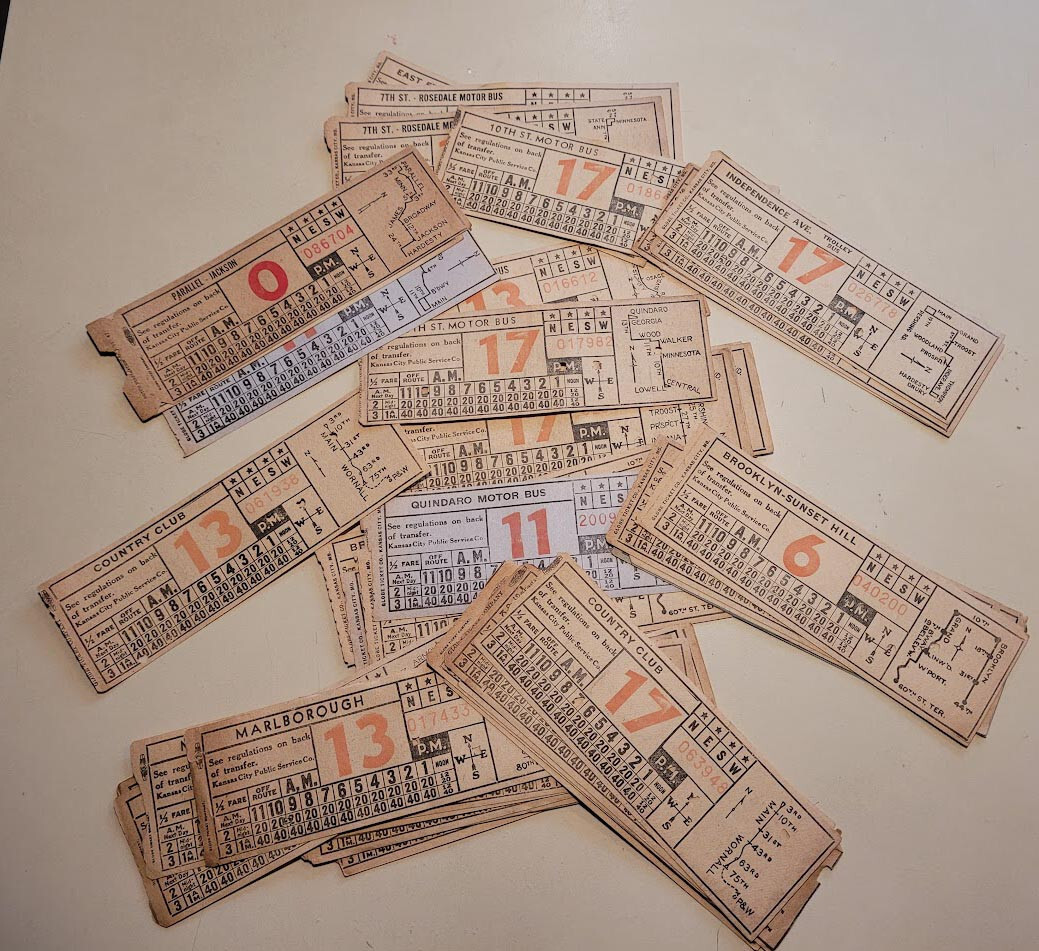 KANSAS CITY PUBLIC SERVICE - COLLECTION OF 60 TRANSFERS. BUS & TROLLEY ...