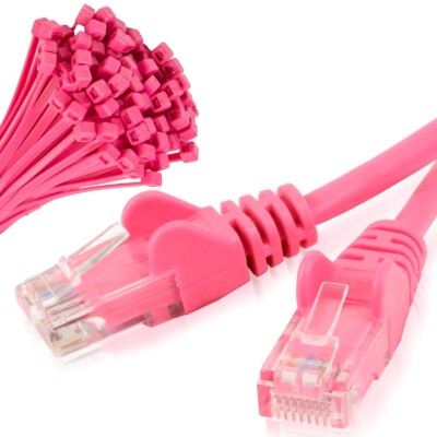 PINK NETWORK CABLES TIES Cat5e/6 RJ45 LAN Console PC TV Switch Ethernet ...