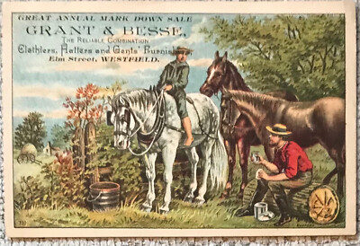 ANTIQUE VICTORIAN TRADE CARD 1880'S GRANT & BESSE, CLOTHIERS, WESTFIELD ...
