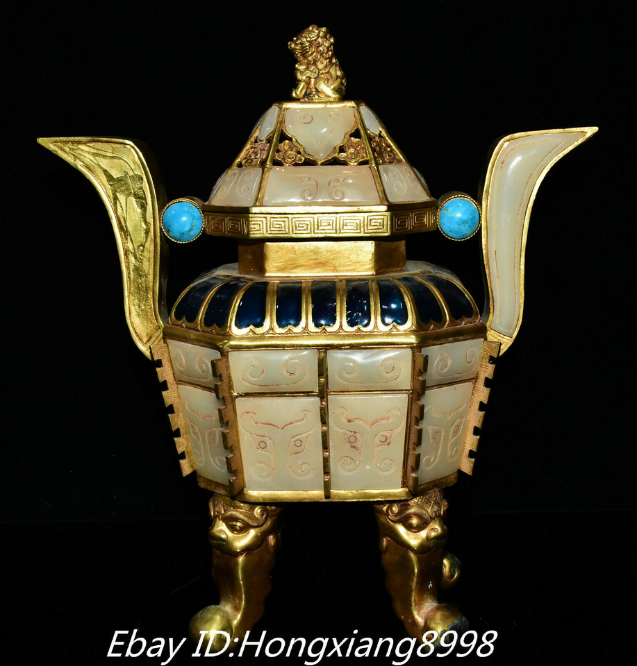 12.9” Old Bronze 24K Gold inlay White Jade Five offerings Incensory ...