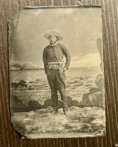 Antique Tintype Photo Cowboy Armed w Knife - Beach Scene w Sidewheel ...