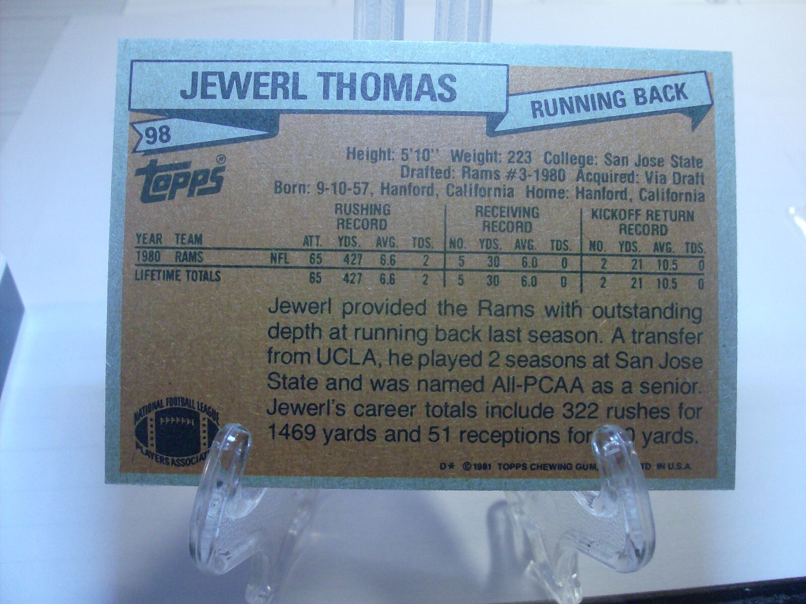 1981 Topps Football Card #98 - Jewerl Thomas RC - Los Angeles Rams ...