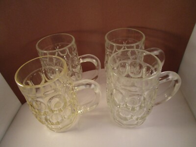 Vintage Thumbprint Clear Glass Set of 4 Heavy Beer Mug Glasses Steins ...
