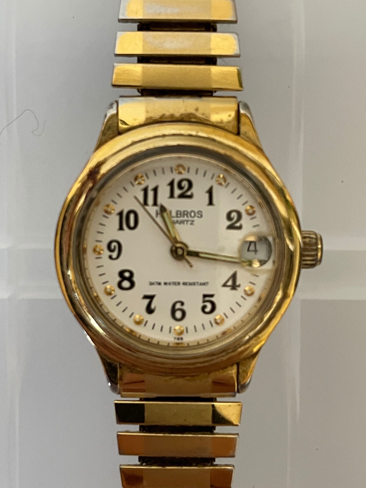 HELBROS quartz gold expando band ladies wristwatch/white face time ...