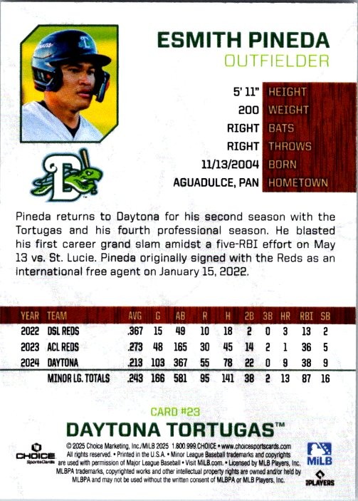 Esmith Pineda 2025 Choice Daytona Tortugas #23 Daytona Tortugas | eBay