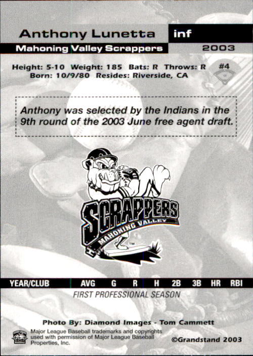 2003 Mahoning Valley Scrappers Grandstand #15 Anthony Lunetta Riverside ...