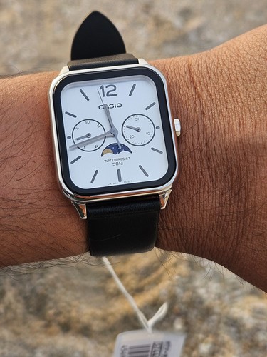 Casio Moon Phase Watch – White Square Dial, Black Leather Strap, 50M ...