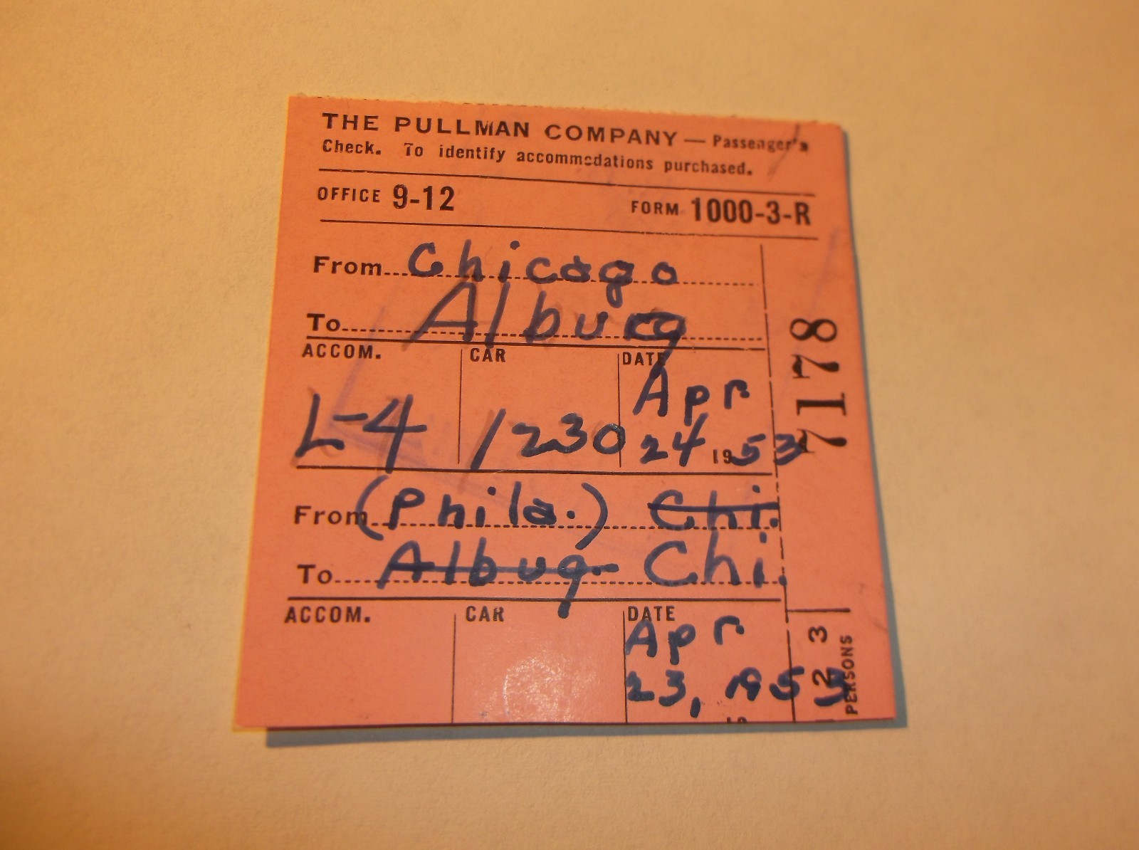 APRIL 1953 PULLMAN TICKET PRR/ATSF NORTH PHILADELPHIA, PA TO ...