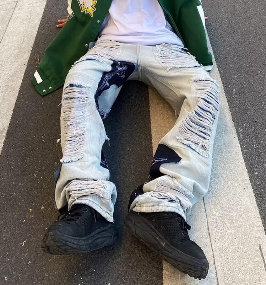 Men's Light Blue Denim Straight Leg Casual Jeans Ripped Punk Hip Hop ...