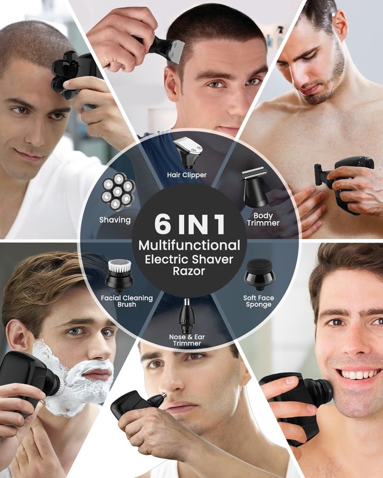 Head Shavers for Bald Men 6-in-1 Electric Razor USB Cordless Dry &Wet ...