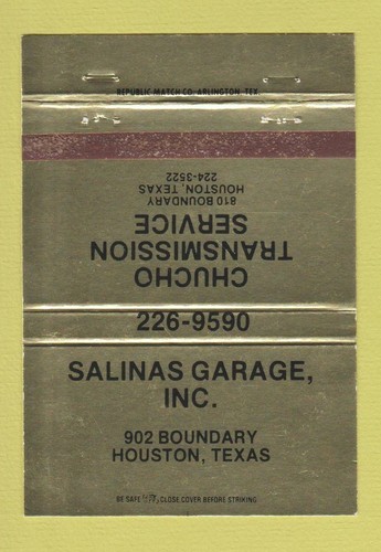 Matchbook Cover - Salinas Garage Houston TX Chucho Transmission 40 ...