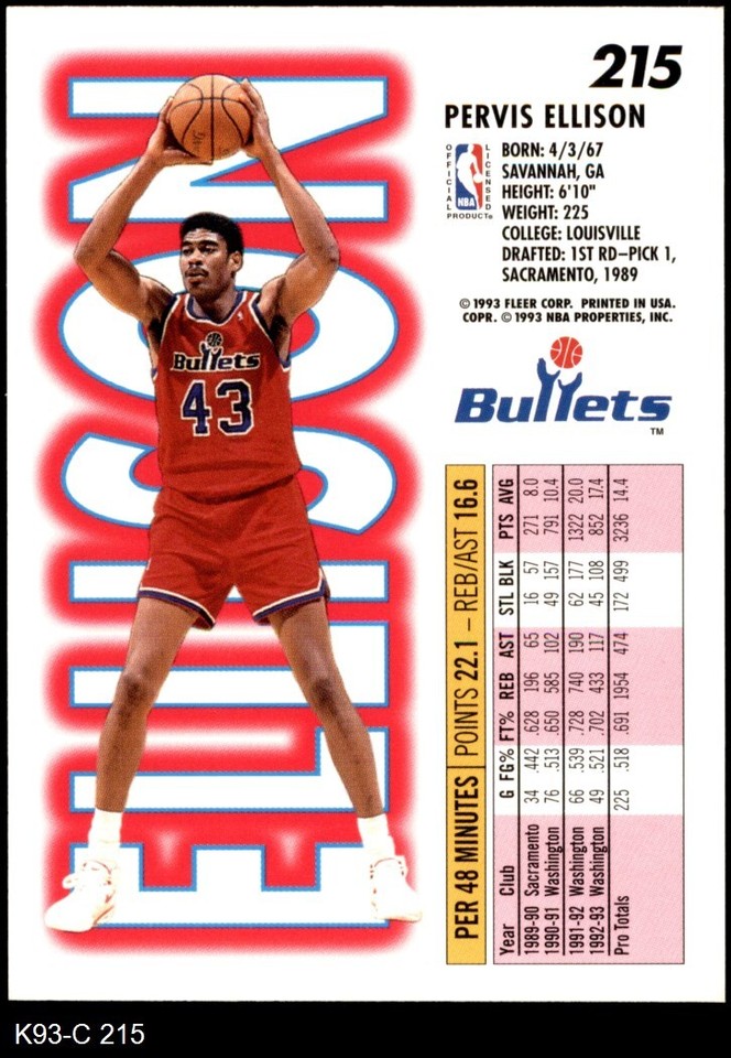 1993 Fleer #215 Pervis Ellison Bullets (Wizards) Louisville 8 - NM/MT ...
