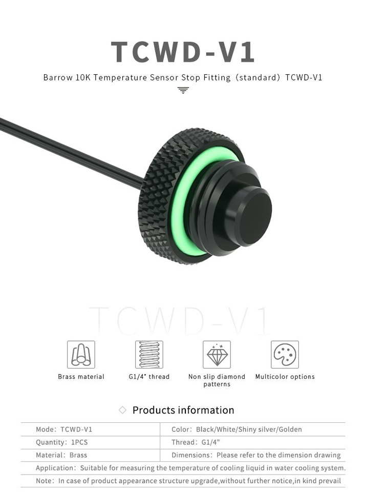 Barrow G1/4" 10k Temperature Sensor Stop Fitting Plug , White , TCWD-V1 ...