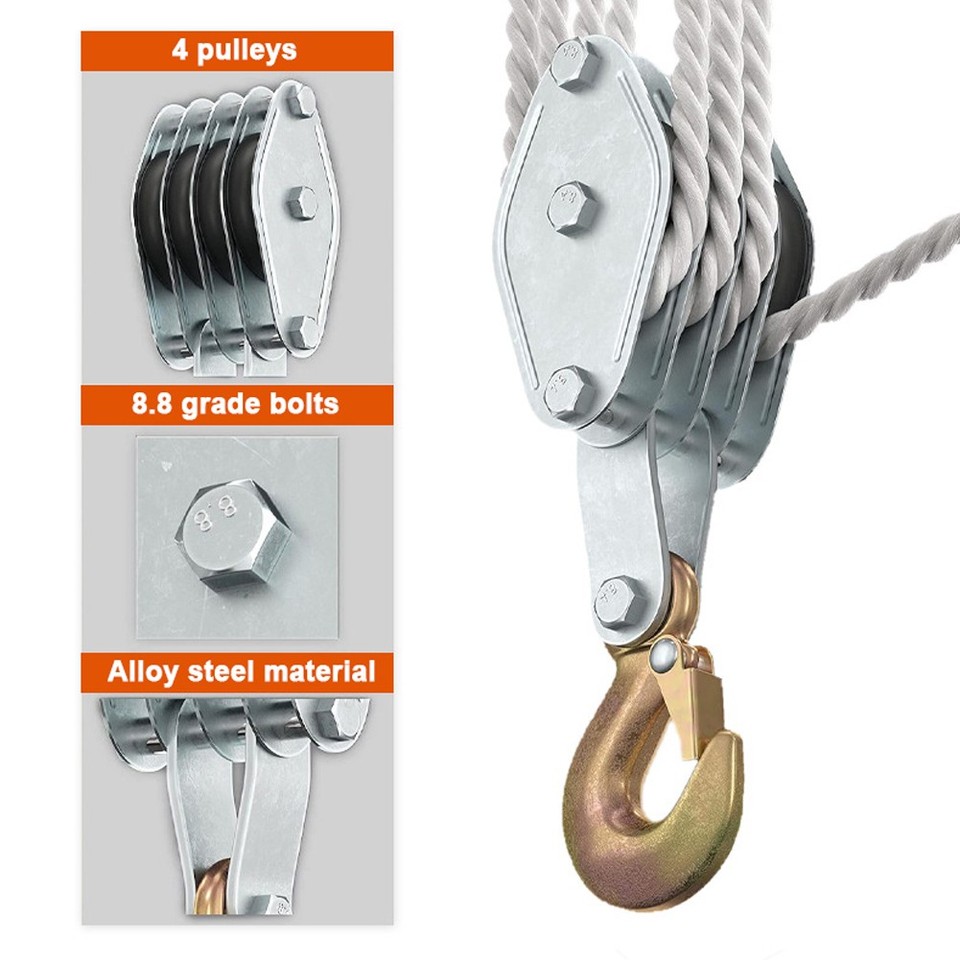 49ft Rope Pulley Hoist 1100 LB Lifting Power Pulley Block And Tackle ...