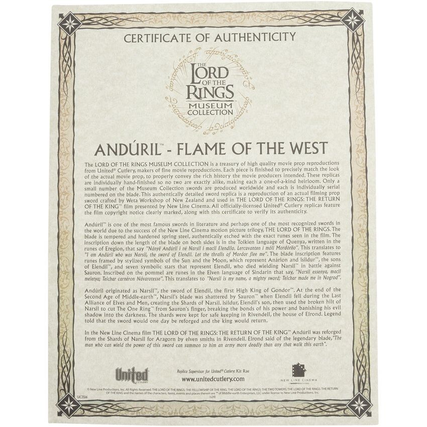 United Cutlery Museum Collection Anduril LOTR Antiqued Metal With Gold ...
