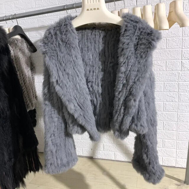 Women Real Rabbit Fur Coat Fur Jacket Loose Manual Weave Hooded Flare ...