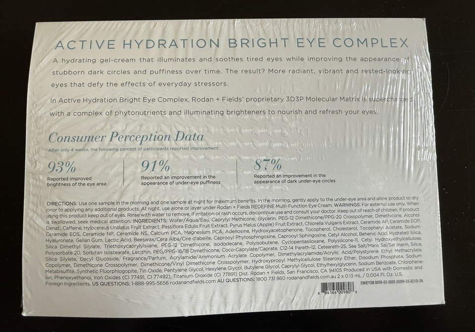 QTY 10: RODAN + FIELDS ACTIVE HYDRATION BRIGHT EYE COMPLEX SAMPLE CARDS ...