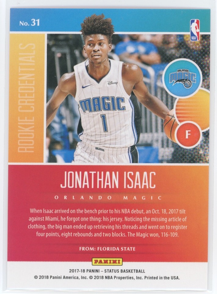 JONATHAN ISAAC 2017-18 PANINI STATUS ROOKIE CREDENTIALS RED #207/299 RC ...