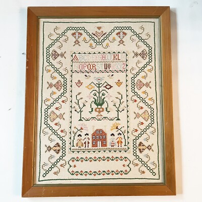 Vtg Large Cross Stitch Colonial Sampler Alphabet Hand Made Wood Framed ...