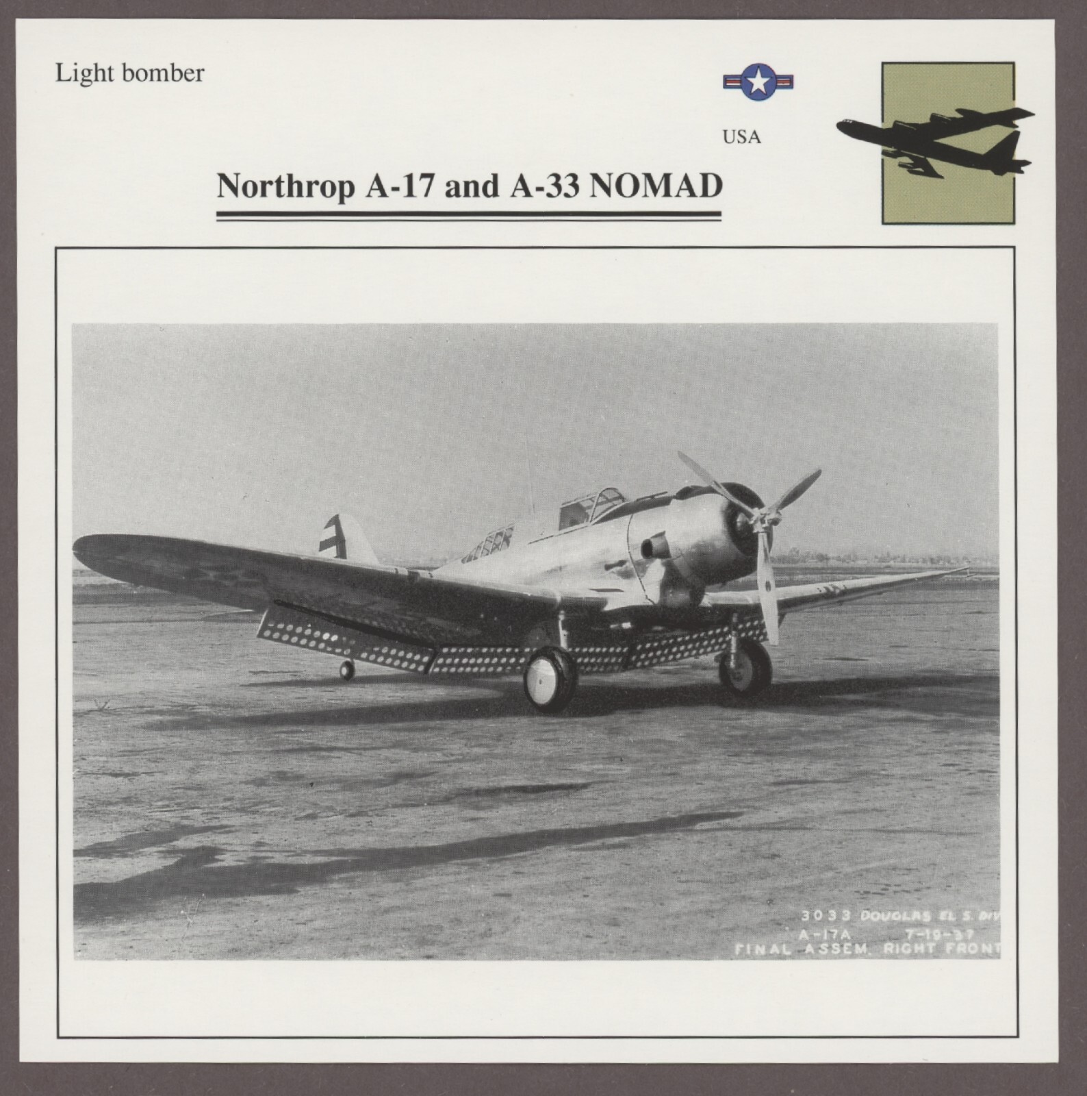 Northrop A-17 and A-33 Nomad Warplanes Military Air Edito Service Card ...
