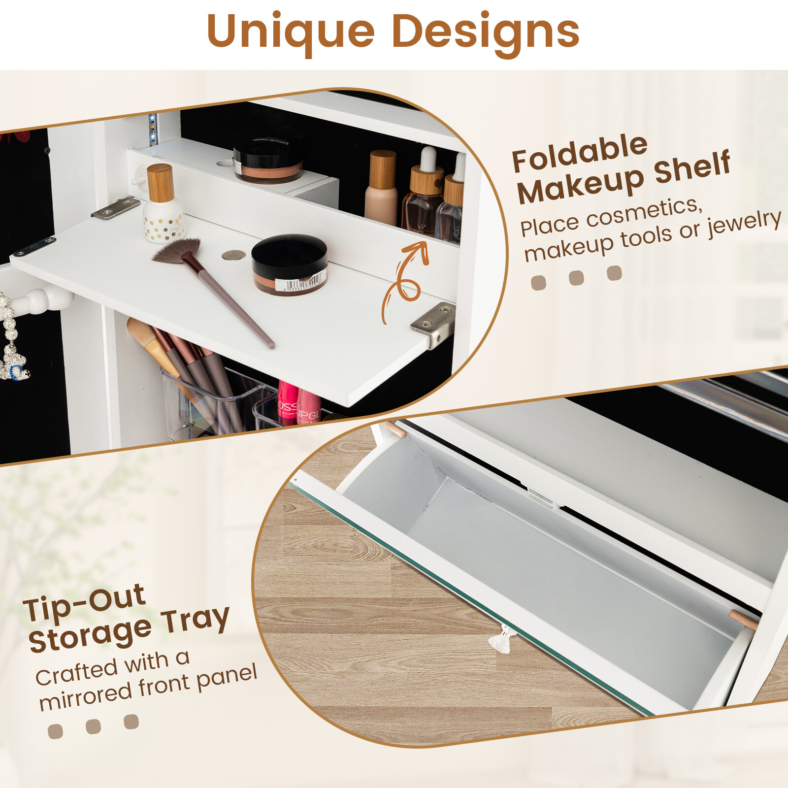 Mirror Jewelry Box w/3 LED Lights 47.2" Large Armoire Organizer Wall ...