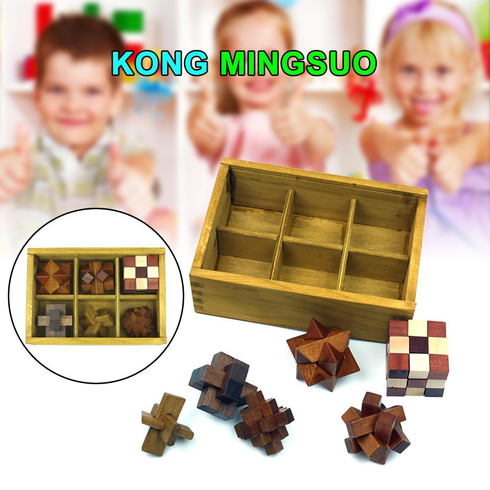 6PCS/Set Wooden Puzzle IQ Brain Teaser Burr Interlocking Puzzles Game ...