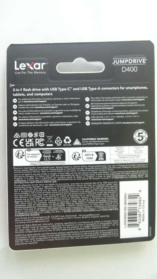 Lexar 512GB JumpDrive Dual Drive D400 USB 3.2 Gen 1 Type-C & Type-A ...