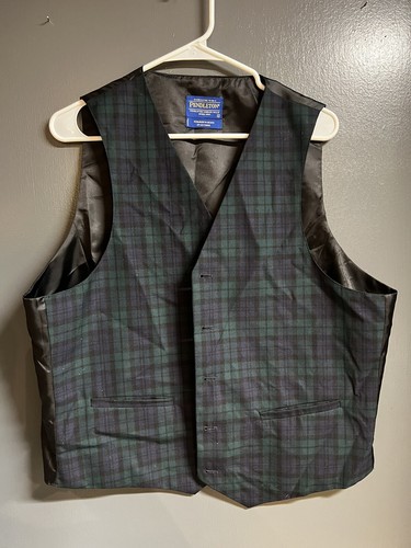 Pendleton Vest Mens 100% Virgin Wool Green Blue Black Plaid Vintage ...