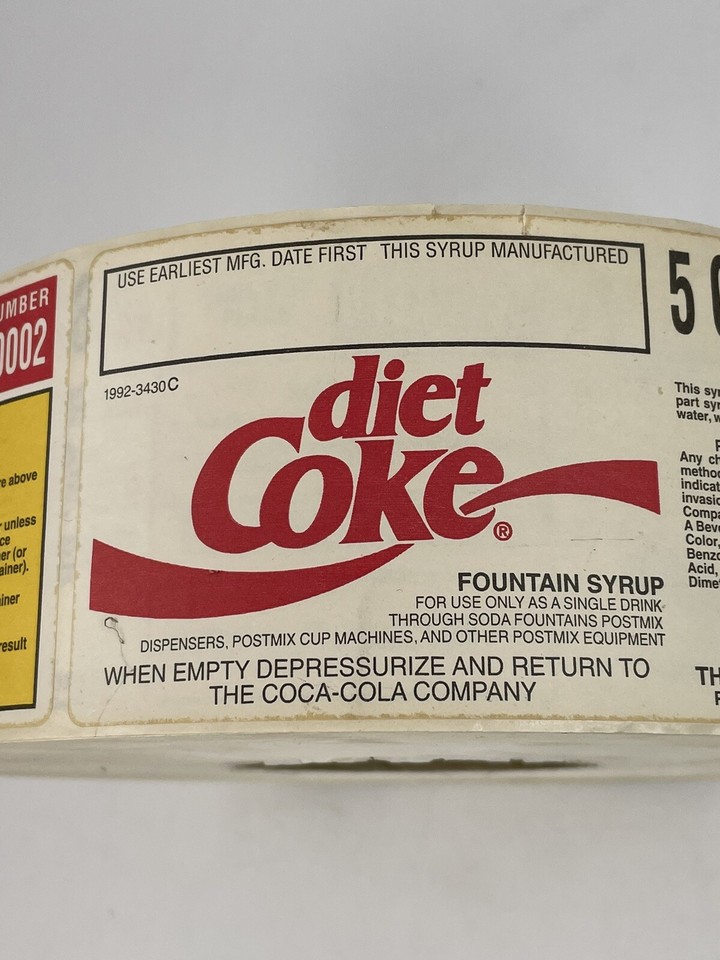 Diet Coke 5 Gal Fountain Syrup Paper Sticker Label Roll RARE 92' Coca ...