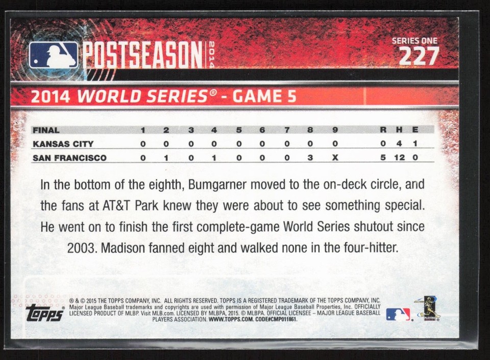 2015 Topps #227 Madison Bumgarner WS Card | eBay