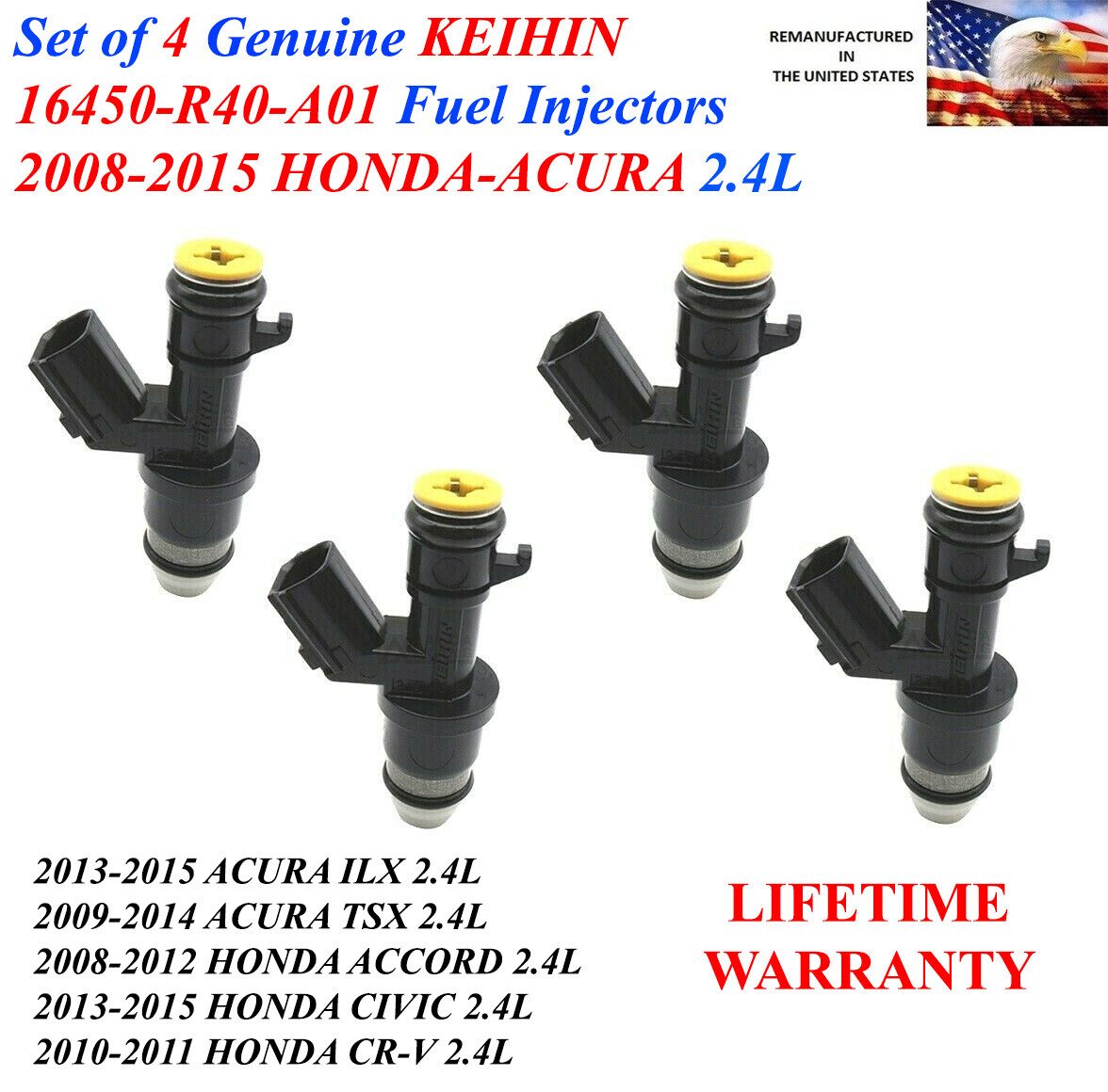 Genuine Set of 4 Honda Keihin Fuel Injectors For 2008-2015 Honda Acura ...