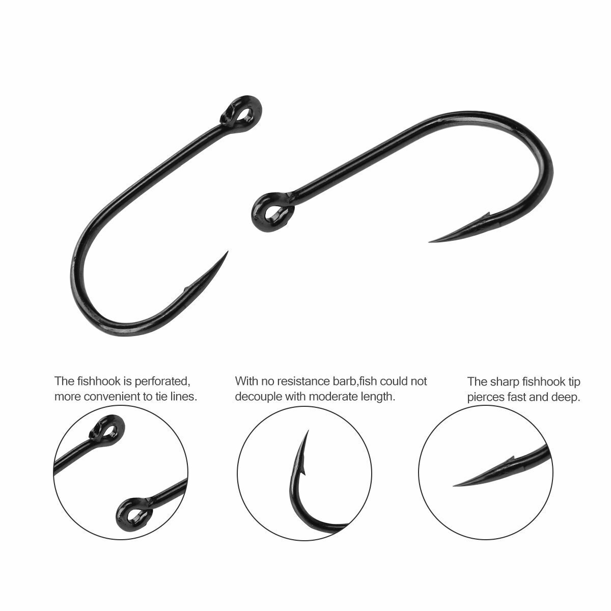 500pcs Fish Hooks 10 Sizes Fishing Black Silver Sharpened With Box ...