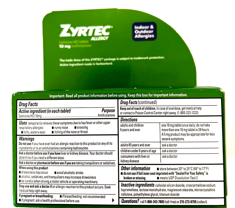 ZYRTEC 60 TABLETS BOX *ORIGINAL STRENGTH* 24HR INDOOR/OUTDOOR ALLERGIES ...