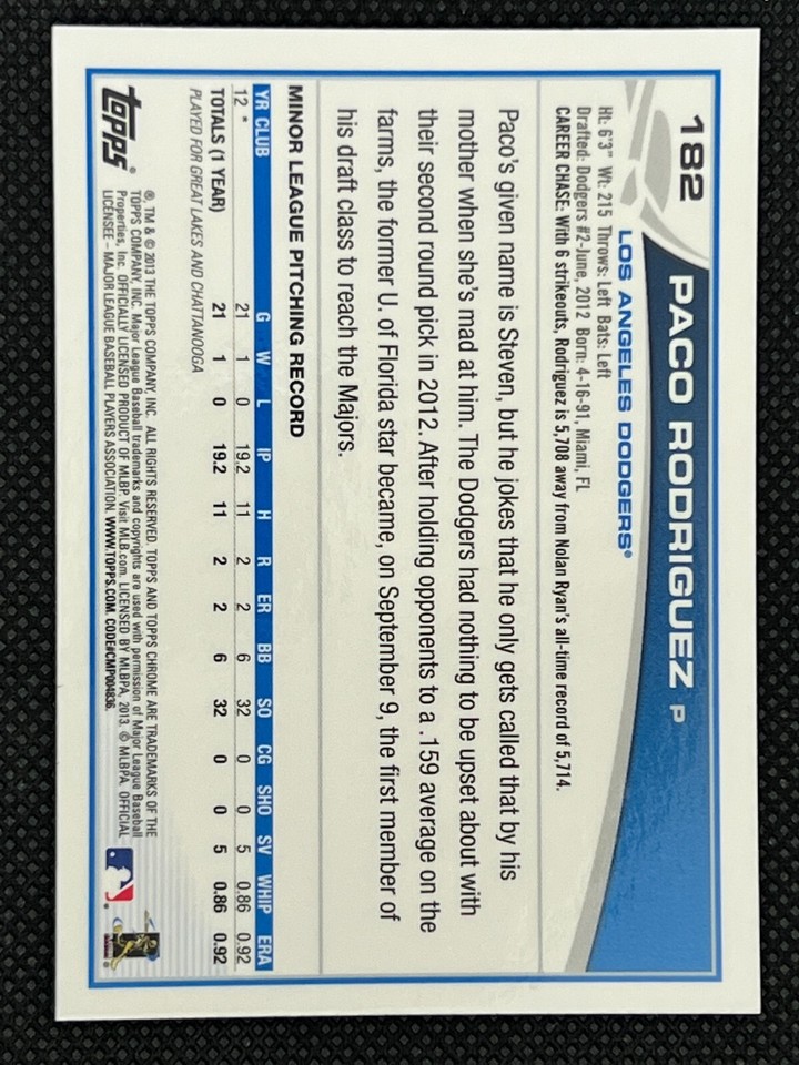 2013 Topps Chrome Paco Rodriguez Rookie Card #182 Dodgers Baseball Card ...