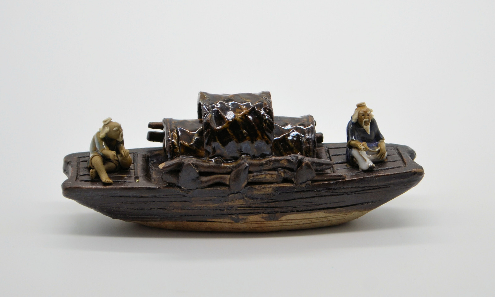 Chinese Shiwan Mudman Mudmen Glazed Clay Art Pottery Boat with 2 ...