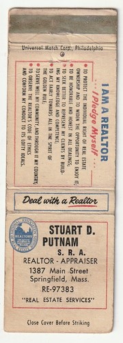 MATCHBOOK COVER - STUART & PUTNAM REALTOR APPRAISER - SPRINGFIELD ...