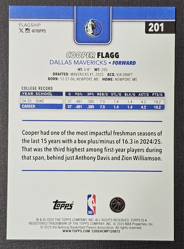 2025-26 Topps Basketball- Cooper Flagg RC 🔥 #201 Dallas Mavericks | eBay