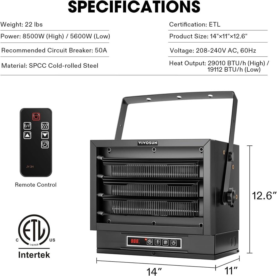 VIVOSUN 8500W Electric Industrial Garage Heater Ceiliing Mounted Remote ...