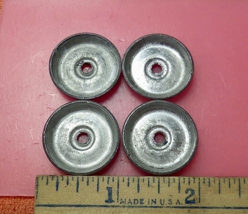 4 METAL DISC TOY TIRES / WHEELS -- 1" od --possible use for slush cast ...