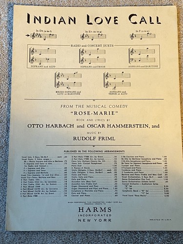 1924 INDIAN LOVE CALL Vintage Sheet Music ROSE MARIE by Friml ...