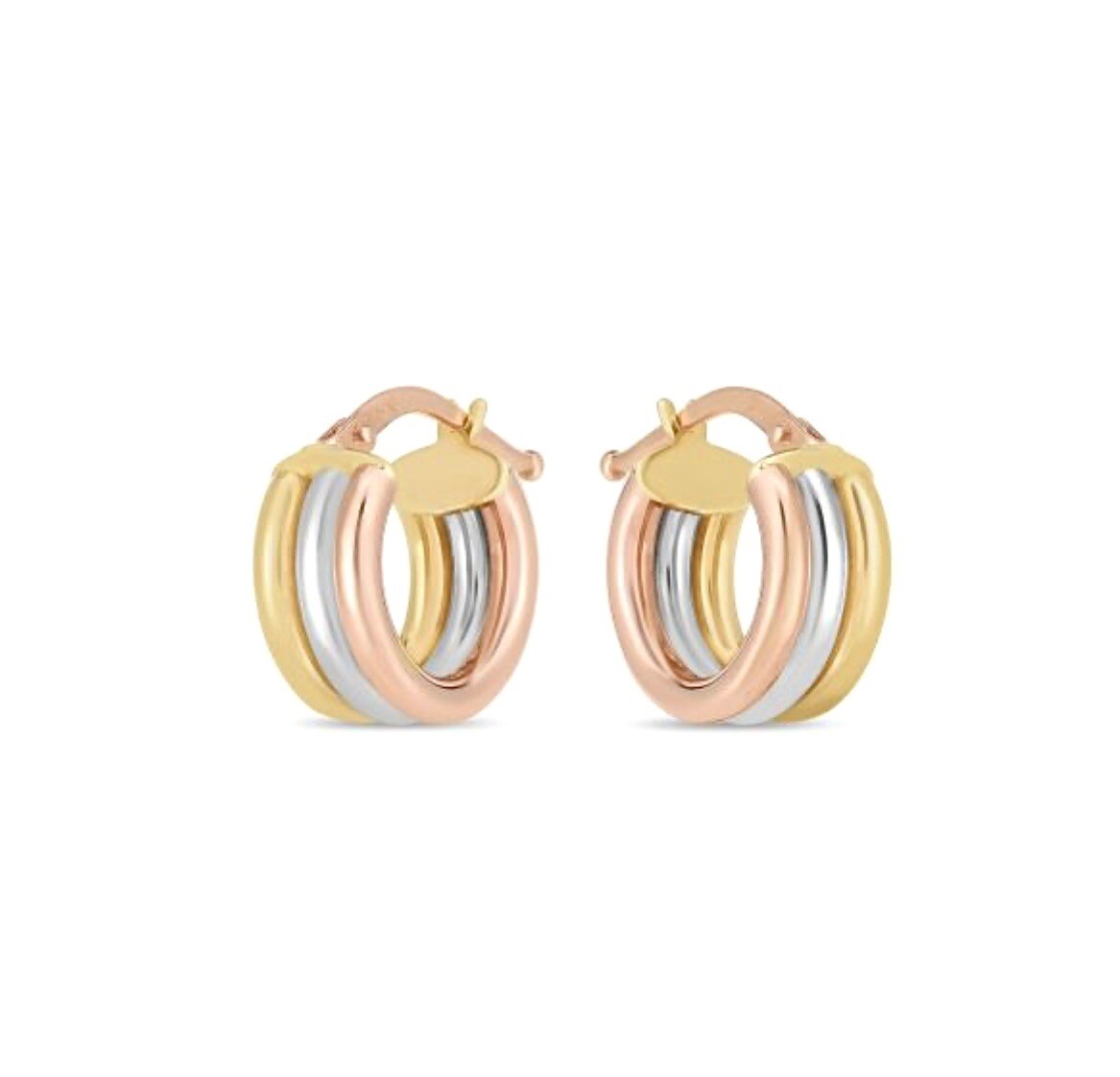 14k Gold Tri Color Hoop Huggies, Real Gold Tricolor Hoop Earrings ...