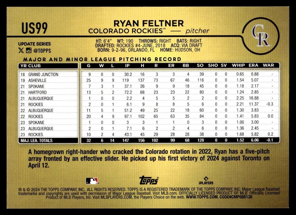 2024 Topps Update Golden Mirror Ryan Feltner Colorado Rockies #US99 | eBay