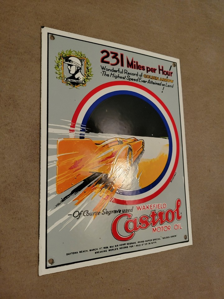 CASTROL PORCELAIN VINTAGE "GOLDEN ARROW" WORLD RECORD SIGN | eBay