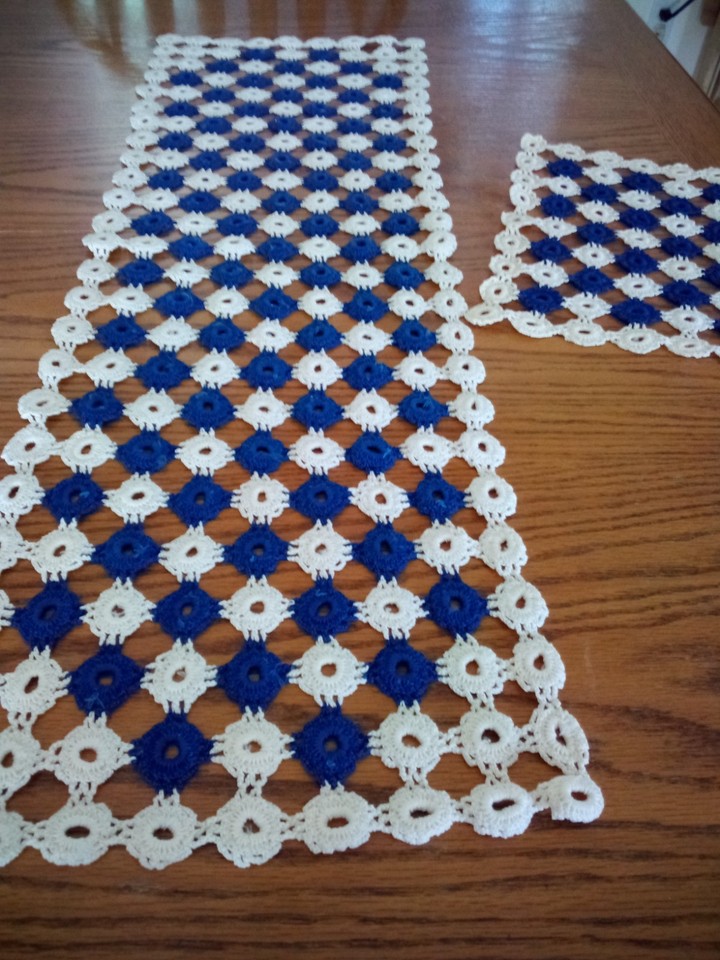 Hand Crocheted Cotton Navy Blue and White Doilies/Table runner Lot of 2 ...