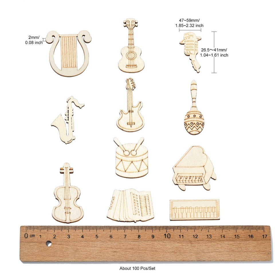 200x Unfinished Wood Cutouts DIY Craft Supply Musical Instrument Paint ...