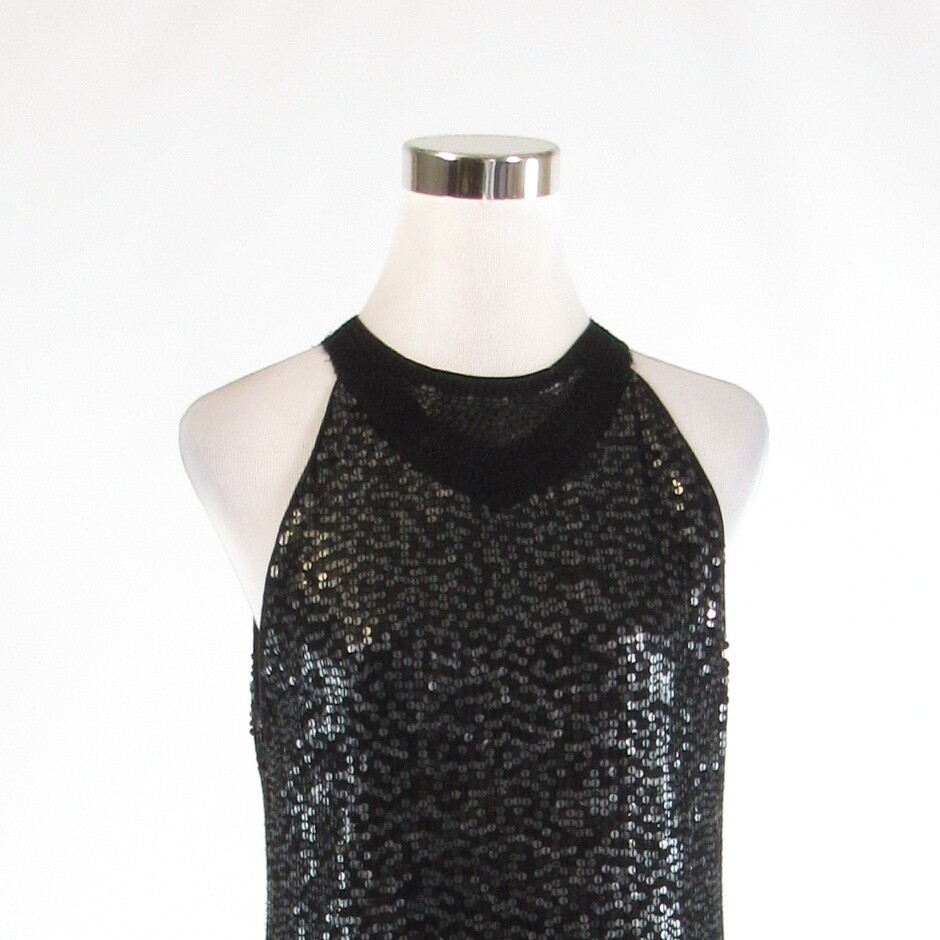 Black SINGLE DRESS sheer overlay sequin sleeveless sh… - Gem