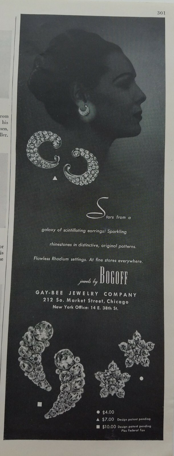 1947 Bogoff rhinestone earrings vintage Gay Bee Jewelry Company jewelry ...