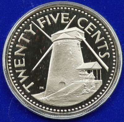 1975 BARBADOS UK Windmill Silo Industry Old VINTAGE Proof 25 Cents Coin ...