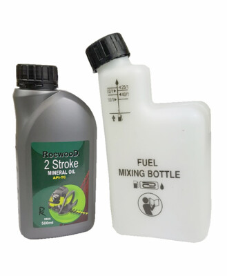 2 Stroke Oil 500ML & Fuel Petrol Mixing Bottle Ideal For Stihl Strimmer ...